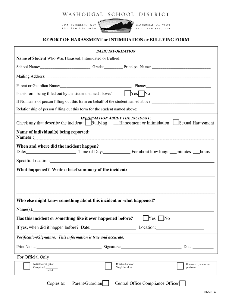 Fillable Online washougal k12 wa 3207 Harassment or intimidation or ...