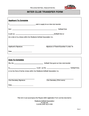 Fillable Online INTER CLUB TRANSFER FORM - redlandsoftball.com.au Fax ...