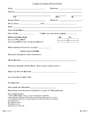 Fillable Online CURSILLO TEAM APPLICATION TEAM EXPERIENCE Fax Email ...