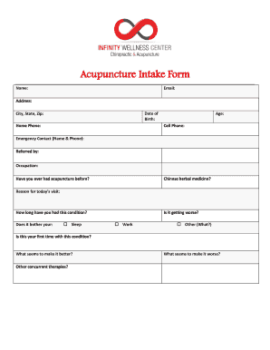 Fillable Online Acupuncture Intake Form - Infinity Wellness Center ...