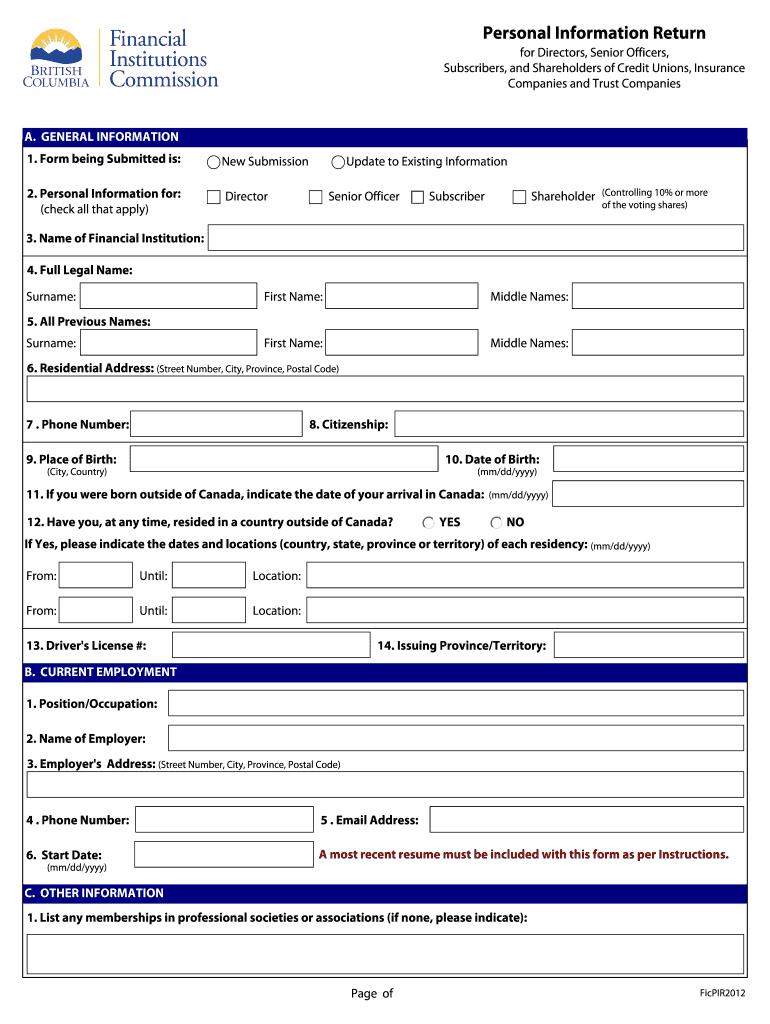 Fillable Online fic gov bc Personal Information Return (PIR). Personal ...