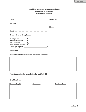 Fillable Online Teaching Assistant Application Form Department of ...