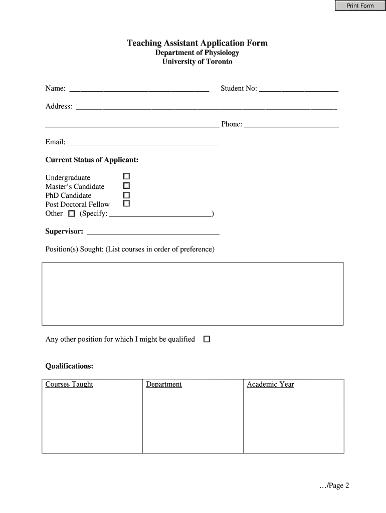 Fillable Online Teaching Assistant Application Form Department of ...