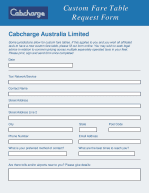 Fillable Online Custom Fare Table Request Form - Cabcharge Fax Email ...