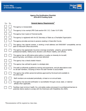 Fillable Online unitedwaygc Agency Pre-Certification Checklist Fax Email Print - pdfFiller
