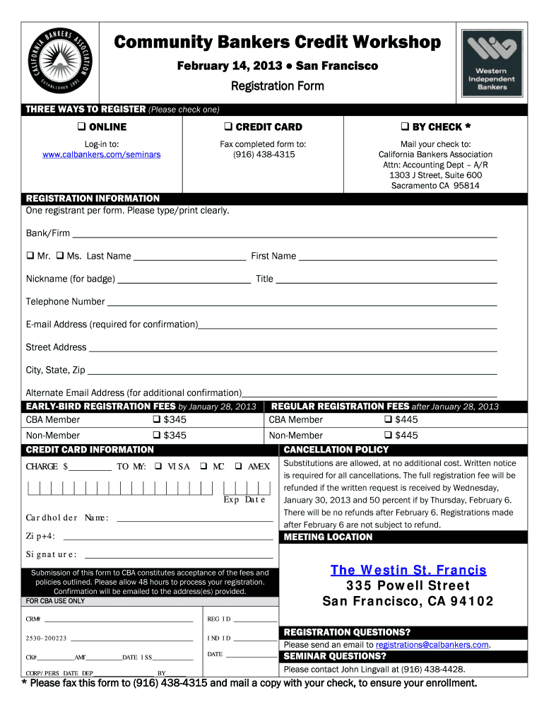 Fillable Online Community Bankers Credit Workshop - California Bankers ...