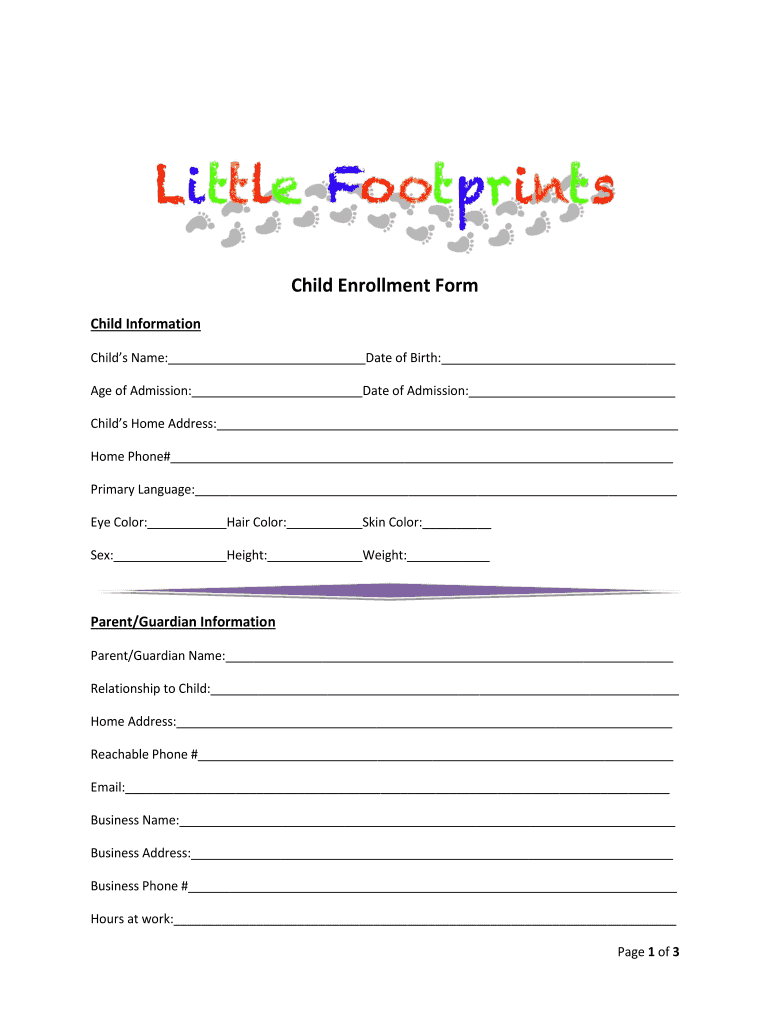 Fillable Online Child Enrollment Form - Little Footprints Child Care ...