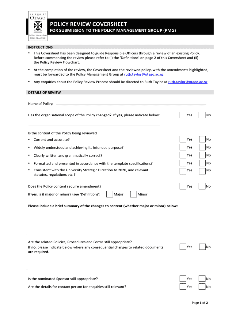 Fillable Online otago ac POLICY REVIEW COVERSHEET Fax Email Print ...