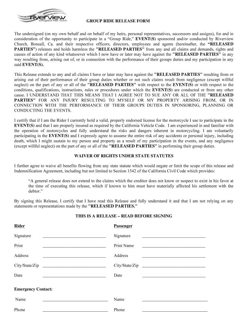 Fillable Online refc GROUP RIDE RELEASE FORM EVENT(S) RELEASED PARTIES ...