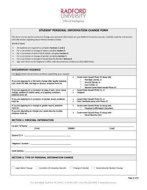 Fillable Online radford STUDENT PERSONAL INFORMATION CHANGE FORM ...