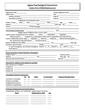 Fillable Online Intake Form (Child/Adolescence) - Agape Psych Fax Email ...