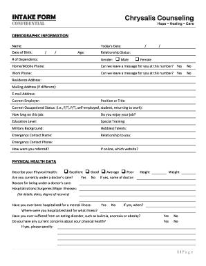 Fillable Online INTAKE FORM Chrysalis Counseling Fax Email Print ...