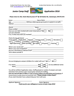 Fillable Online Junior Camp Staff Application 2016 - Ontario UPC Fax ...
