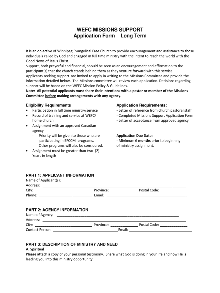 Fillable Online Wefc Missions Support Application Form Long Term Fax