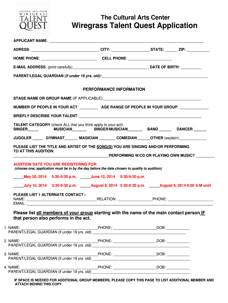 Fillable Online The Cultural Arts Center Wiregrass Talent Quest Application Fax Email Print ...
