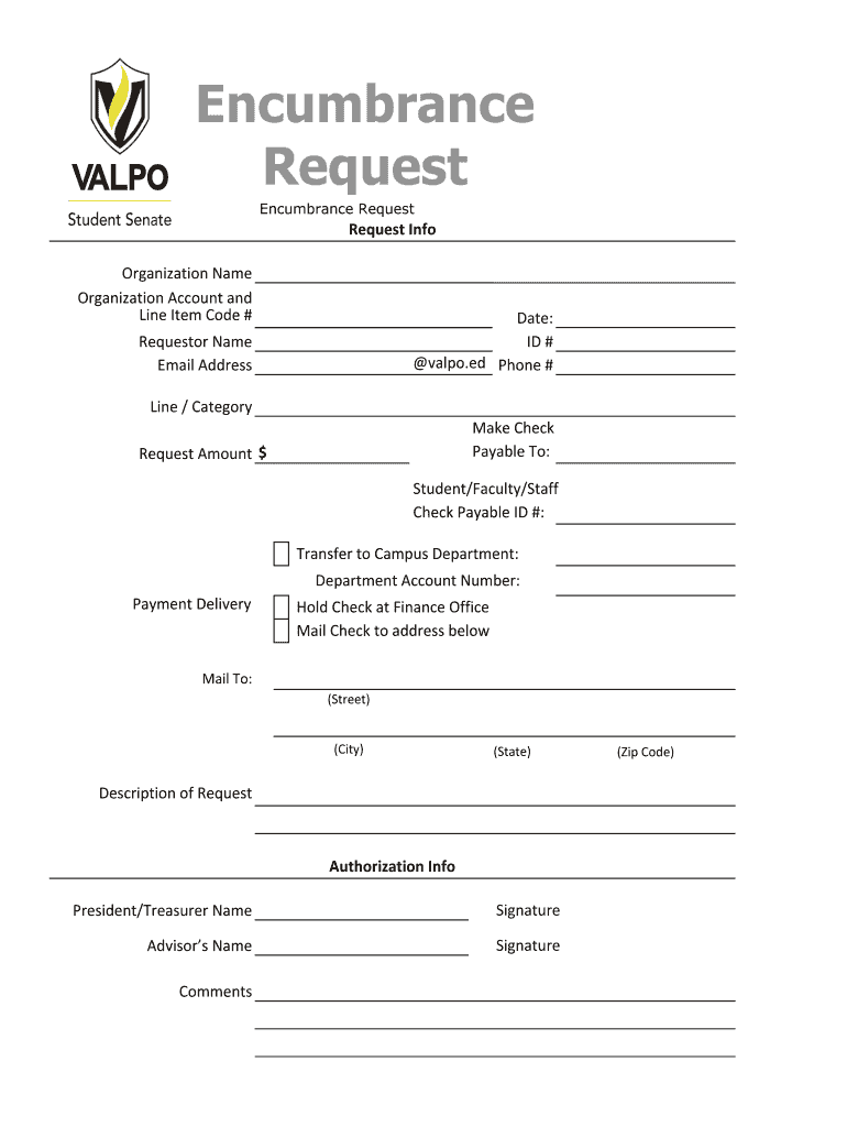 Fillable Online valpo Encumbrance Request - valpo Fax Email Print ...