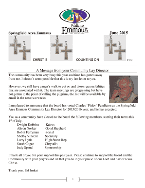 Fillable Online June 2015 Springfield Area Emmaus CHRIST IS COUNTING ON ...