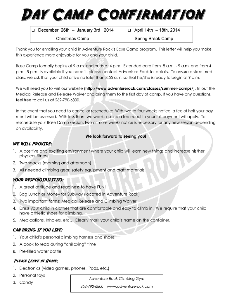 Fillable Online Day Camp ConfirmationDay Camp Confirmation - Adventure Rock Fax Email Print ...