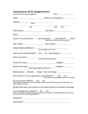 Fillable Online Assumption RCIA Registration - Bert Fax Email Print ...