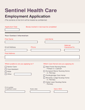 Fillable Online Sentinel Health Care Employment Application Fax Email Print - pdfFiller