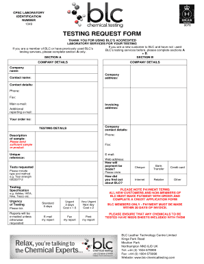 Fillable Online TESTING REQUEST FORM - BLC Chemical Testing Fax Email ...