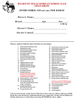 Fillable Online HEART OF TEXAS MORGAN HORSE CLUB OPEN SHOW ENTRY FORM ... Fax Email Print ...