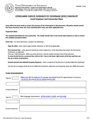 Fillable Online tdi texas Consumer Choice Evidence of Coverage Checklist - Small Employer and ...