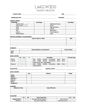 Fillable Online Today's Date: ADULT MEDICAL HISTORY FORM NAME DOB MALE ...