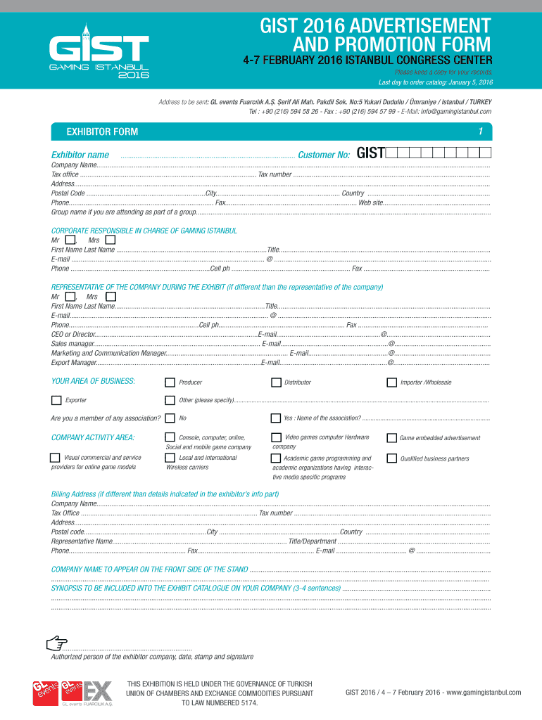 Fillable Online GIST 2016 ADVERTISEMENT AND PROMOTION FORM Fax Email Print - pdfFiller