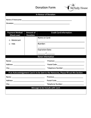Fillable Online Donation Form In Honour of Donation: Name of Honouree ...