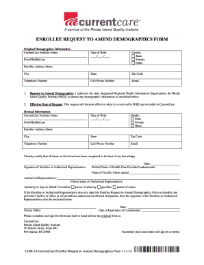 Fillable Online currentcareri ENROLLEE REQUEST TO AMEND DEMOGRAPHICS ...