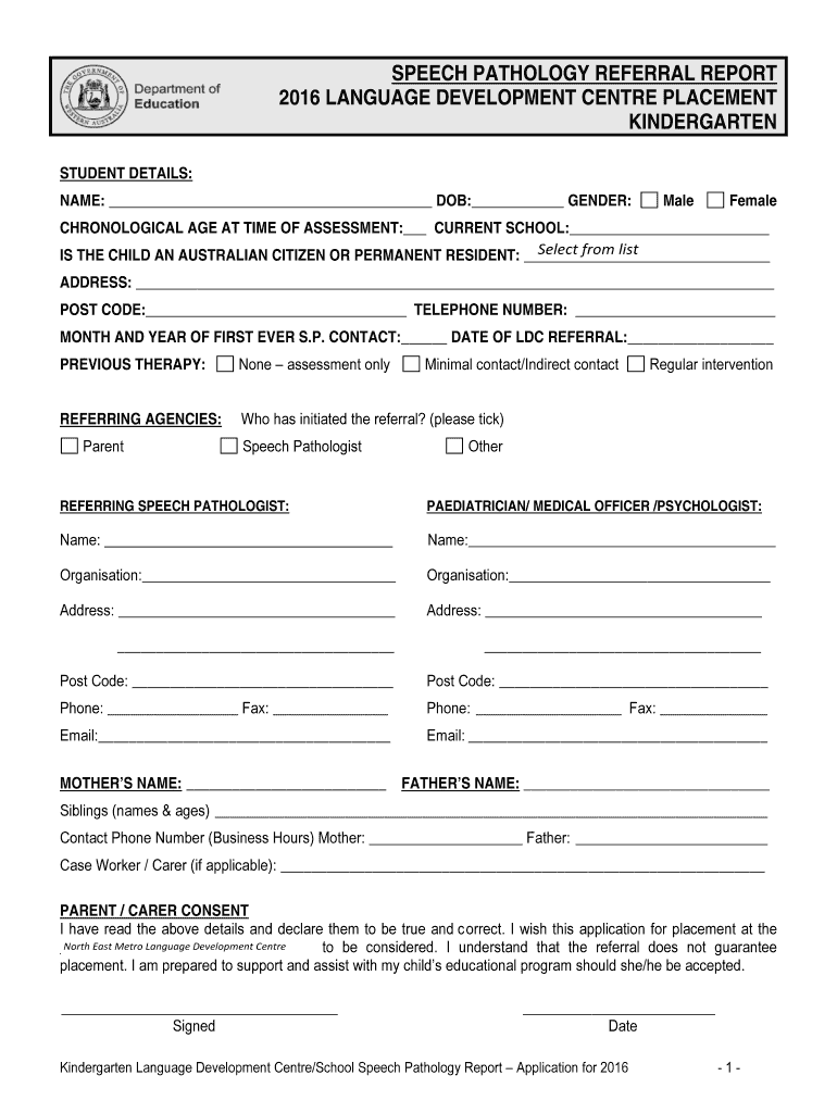 Fillable Online northeastldc wa edu SPEECH PATHOLOGY REFERRAL REPORT ...