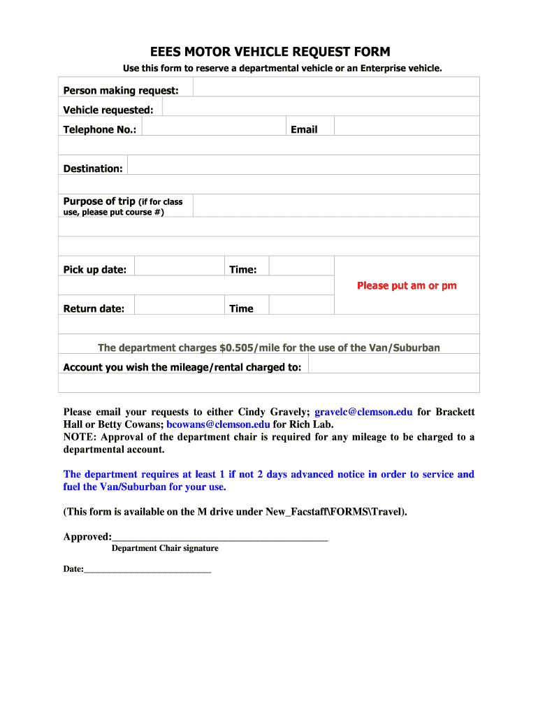 Fillable Online clemson MOTOR VEHICLE REQUEST FORM Fax Email Print ...