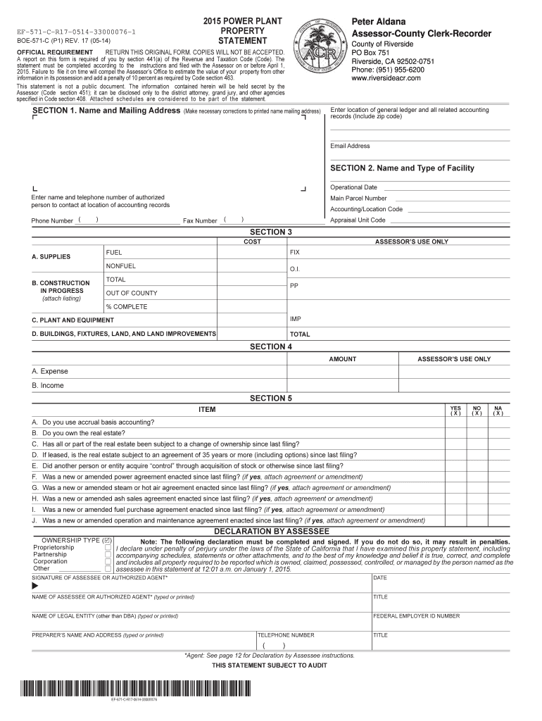 Fillable Online capropeforms 2015 POWER PLANT PROPERTY STATEMENT Peter ...
