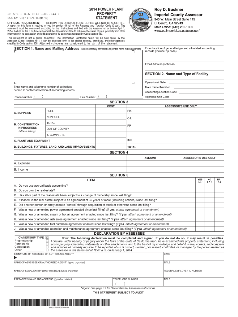 Fillable Online capropeforms 2014 POWER PLANT PROPERTY STATEMENT Roy D. Buckner ... Fax Email ...