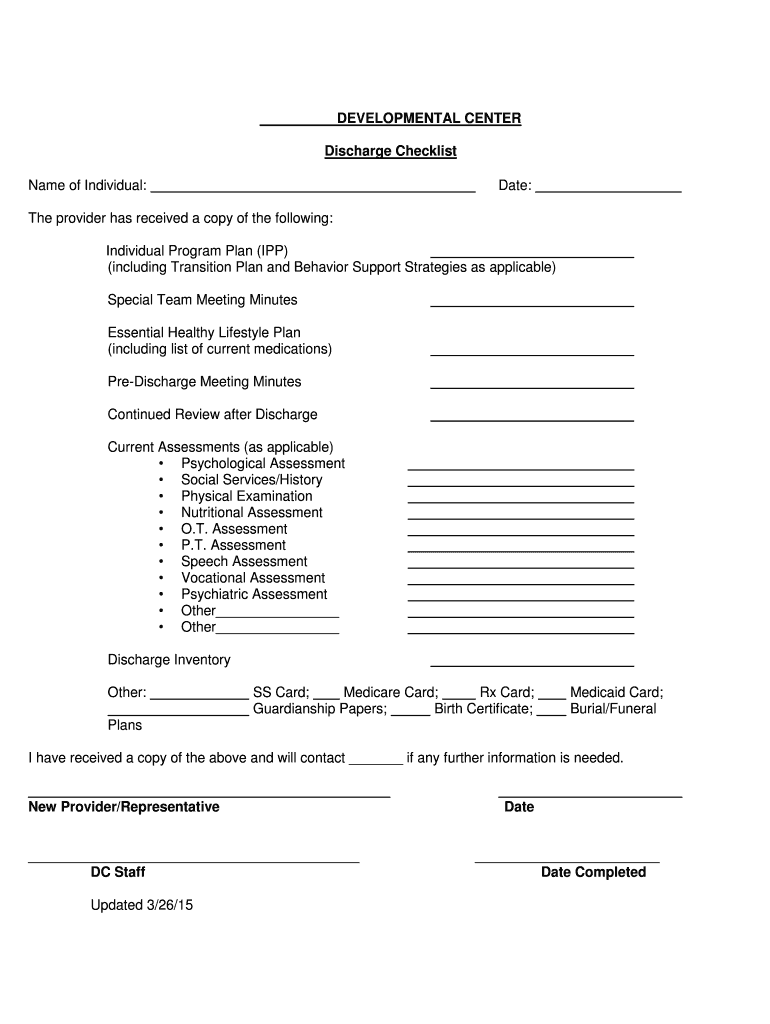 Fillable Online dodd ohio Discharge Checklist - dodd ohio Fax Email ...
