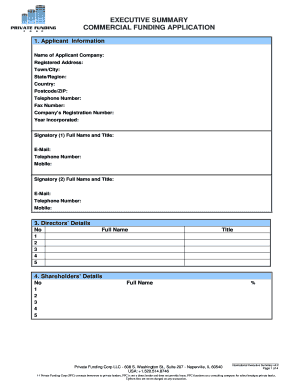 Fillable Online EXECUTIVE SUMMARY COMMERCIAL FUNDING APPLICATION Fax ...