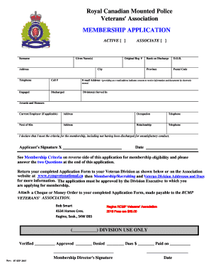 Fillable Online Membership Application - Regina RCMP Veterans' Association Fax Email Print ...
