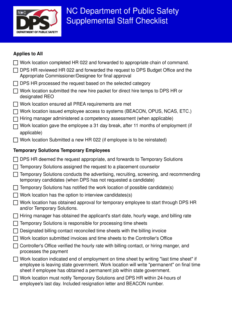 Fillable Online NC Department of Public Safety Supplemental Staff ...