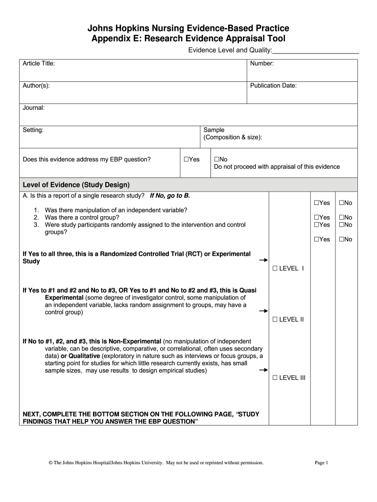 Johns Hopkins Evidence Appraisal Tool Example Fill Out Sign Online