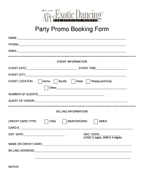 Fillable Online Party Promo Booking Form - The Art of Exotic Dancing ...