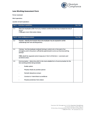 Fillable Online qcompliance co Lone Working Assessment Form - Quantum ...