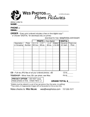 Fillable Online Prom Order Form - Wes Photos Fax Email Print - pdfFiller