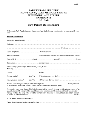 Fillable Online parkparadesurgery nhs New Patient Questionnaire Adult - Park Parade Surgery ...