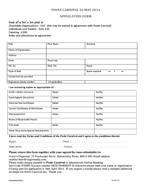 Fillable Online poolecarnival POOLE CARNIVAL 26 MAY 2014 APPLICATION ...