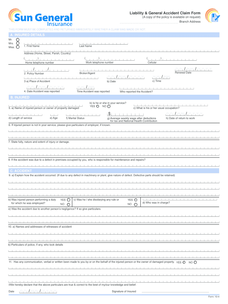 Fillable Online sungeneral Liability & General Accident Claim Form Fax ...