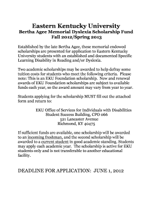 Fillable Online Eastern Kentucky University Bertha Agee Memorial Dyslexia ... Fax Email Print ...