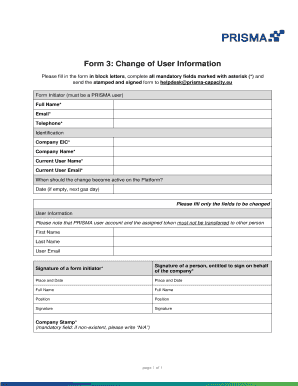 Fillable Online corporate prisma-capacity Form 3: Change of User ...