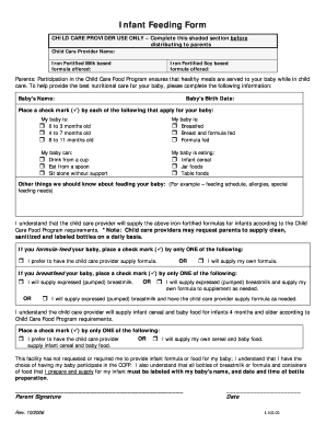 Fillable Online Infant Feeding Form - Child Watch, Inc Fax Email Print ...