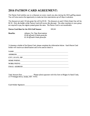 Fillable Online 2016 PATRON CARD AGREEMENT - Ridges at Sandcreek Fax ...